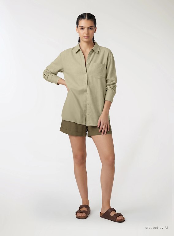 Košulja sa efektom lana u jednobojnoj varijanti - Kaki