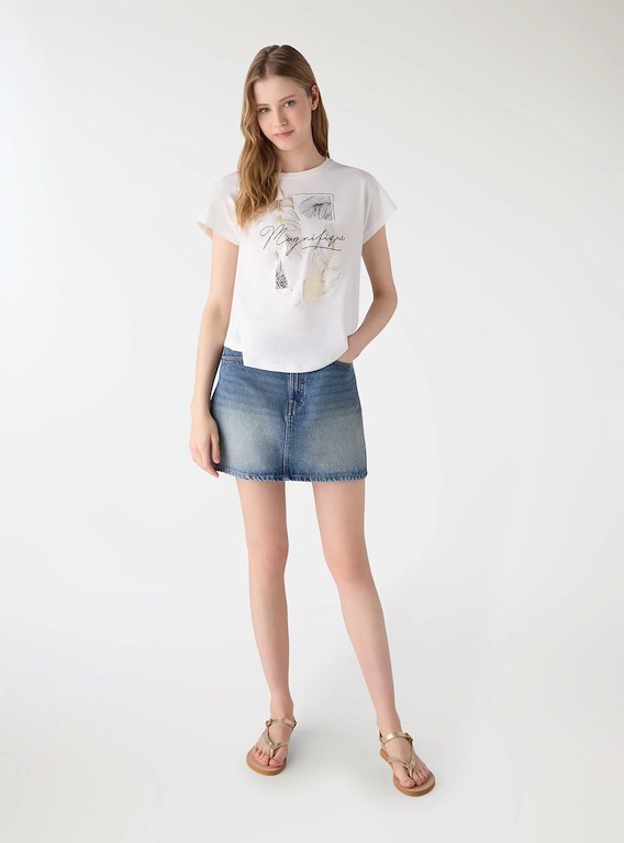 Majica sa printom perja sa sjajnim efektom - Bela vuna