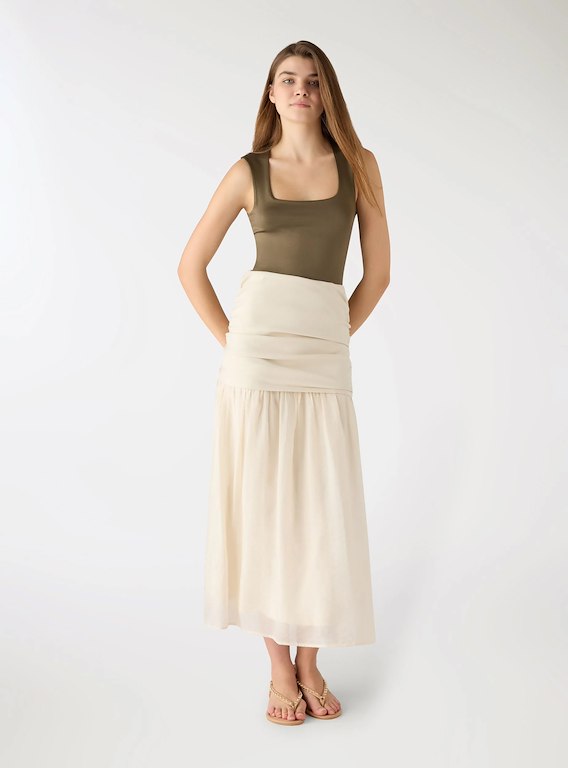 Midi suknja u jednoj boji sa naboranim pojasom - Slonovača