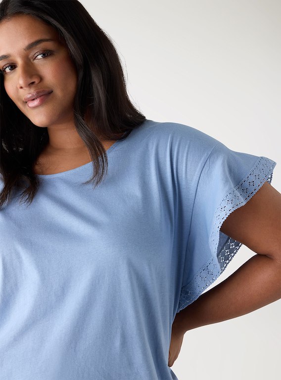 Majica sa rukavima na volane od makramea - Azurna