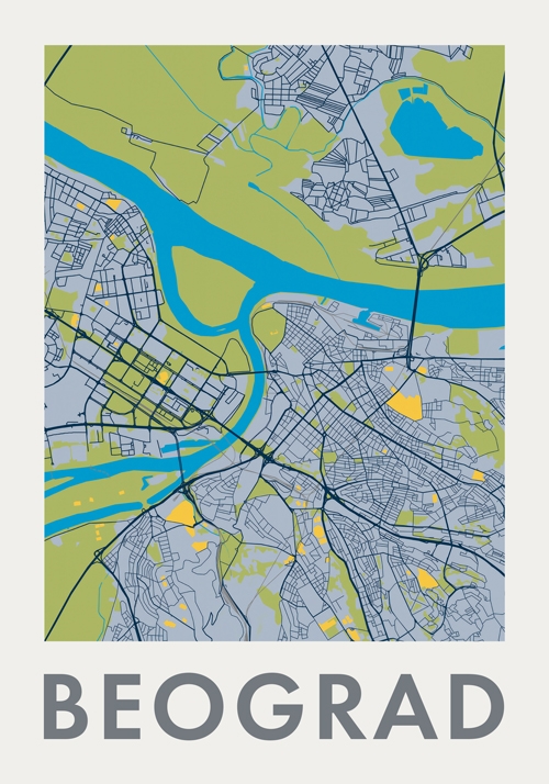 Beograd - Mapa, zeleno, plavo, sivo