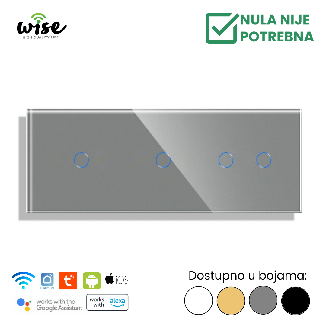 Wise pametni prekidač „bez nule“
1t + 1t + 2t,  staklo