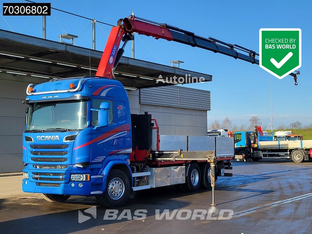 Scania R520 R 6X2 HMF 3220-K7 Kran Crane Lift+steering axle Air suspens kamion s ravnom platformom