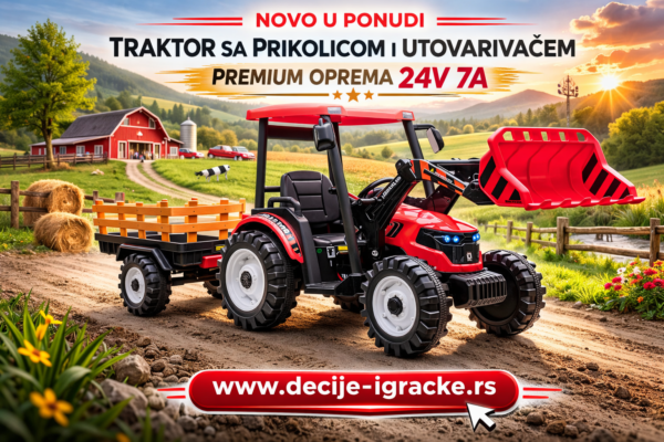 Traktor Sa Prikolicom i Utovarivačem Crveni Premium Oprema 24V7A BESPALTNA DOSTAVA