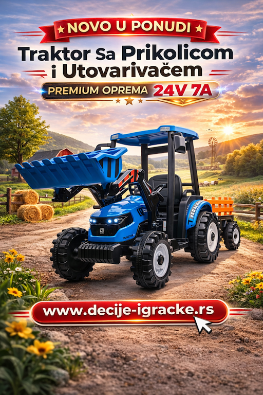 Traktor Sa Prikolicom i Utovarivačem Plavi Premium Oprema 24V7A BESPLATNA DOSTAVA