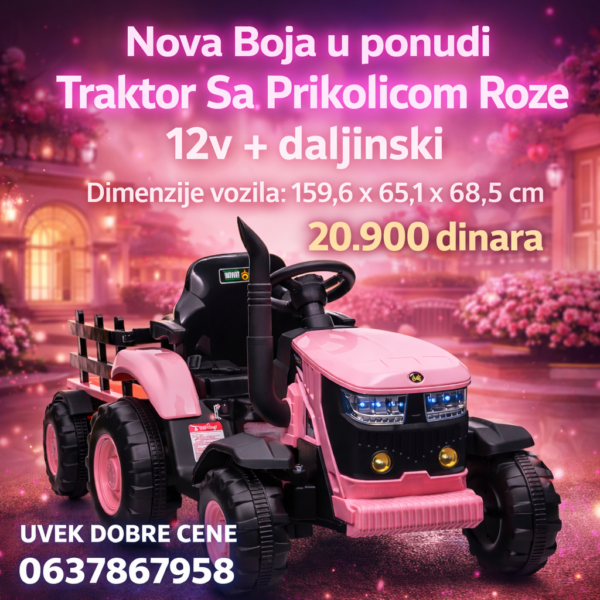 Traktor Sa Prikolicom Roze 12v na akumulator