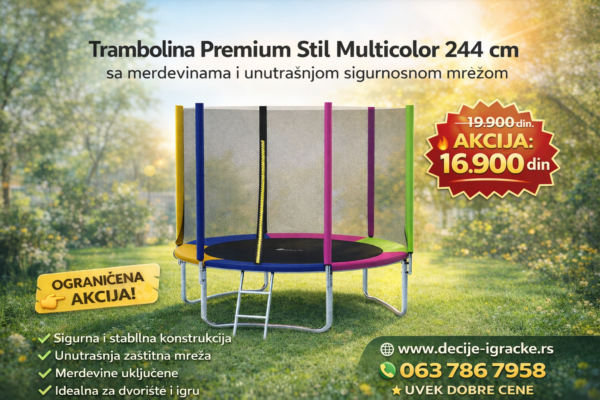 Trambolina Trampolina Premium Stil Multicolor 244cm sa merdevinama i unutrašnjom sigurnosnom mrežom