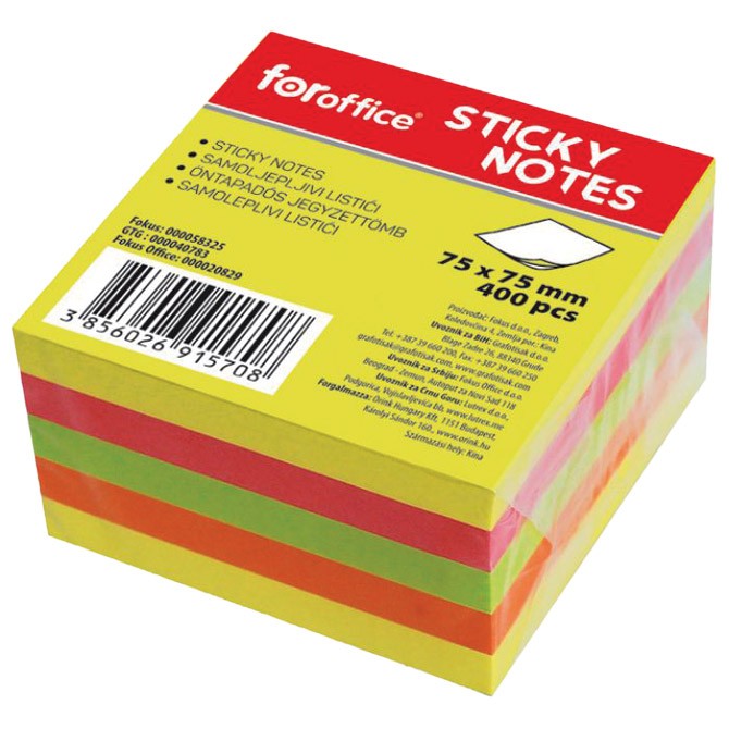 Blok samolepljiv kocka 75x75mm 400L FORoffice 58325 5boja neon