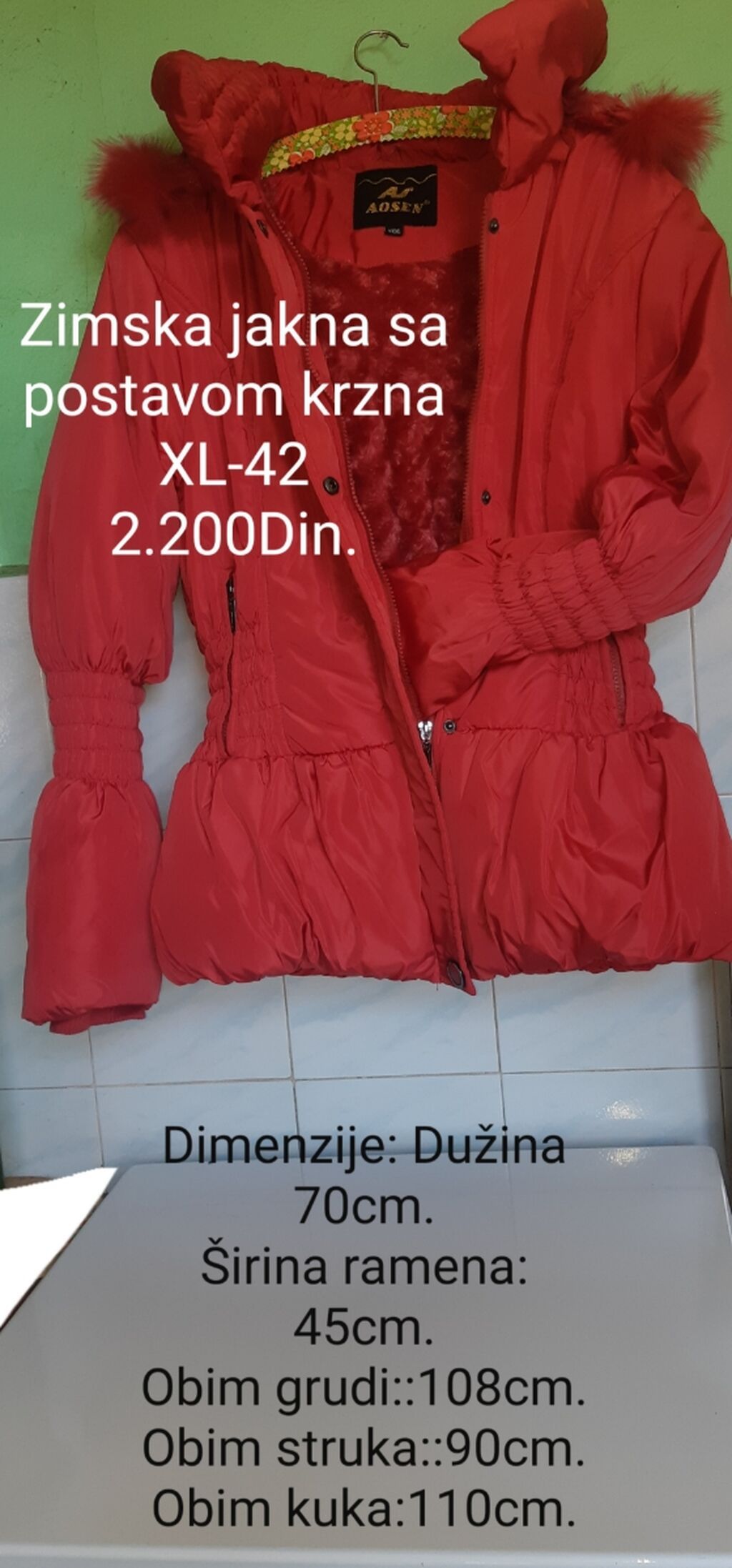 Zimska ženska jakna sa postavom od krzna, crvena. Veličina: XL / 42