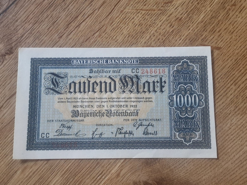 Bayern 1000 Maraka 1923 aUNC Serija CC RRR