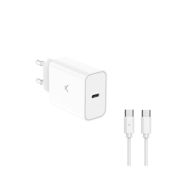 KSIX Punjač BCD30PDC01B, 30 W + kabl USB-C na USB-C, 1m, bela