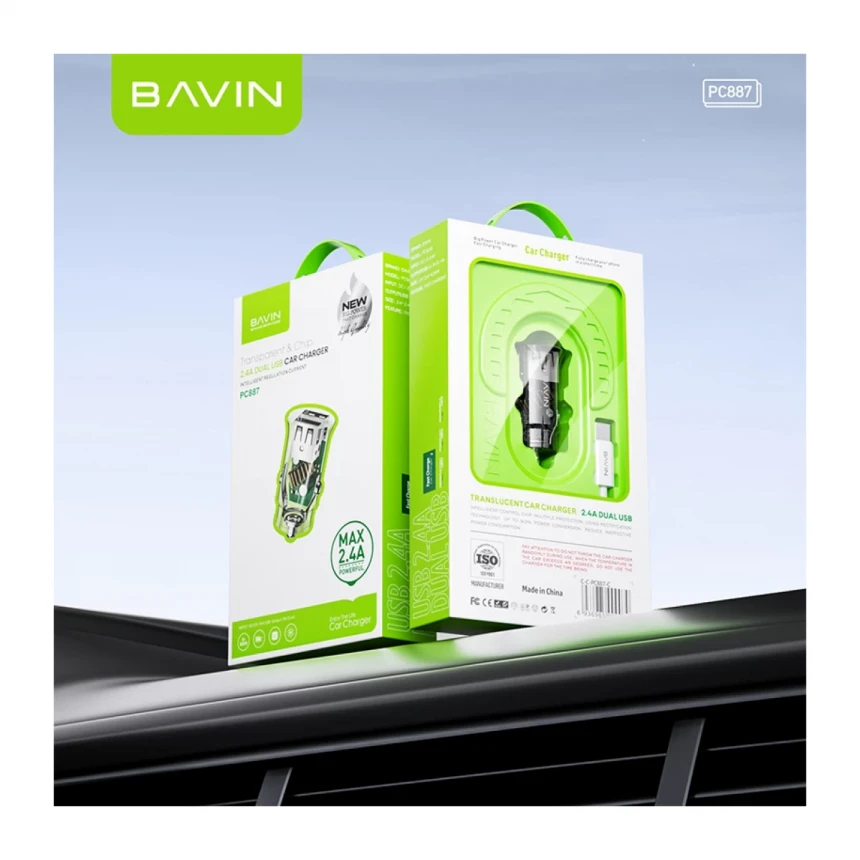 Bavin auto punjač 2.4A Dual 2xUSB-A + kabl type-A na type-C crna