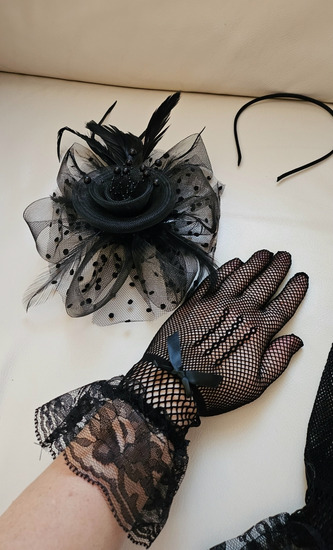 Fishnet čipka&mesh rukavice i fascinator, novo