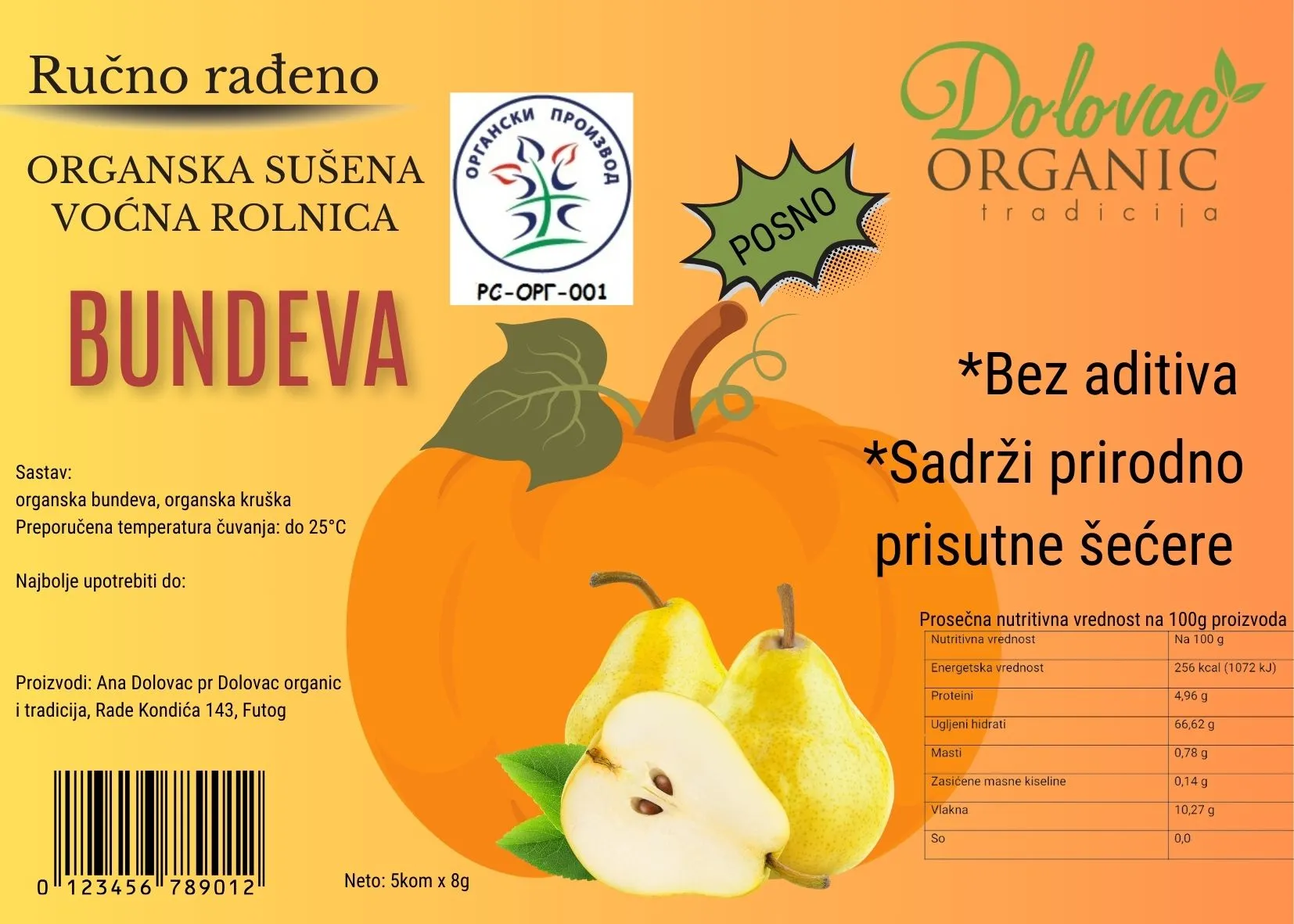Bundeva-organska sušena voćna rolnica 5x8g
