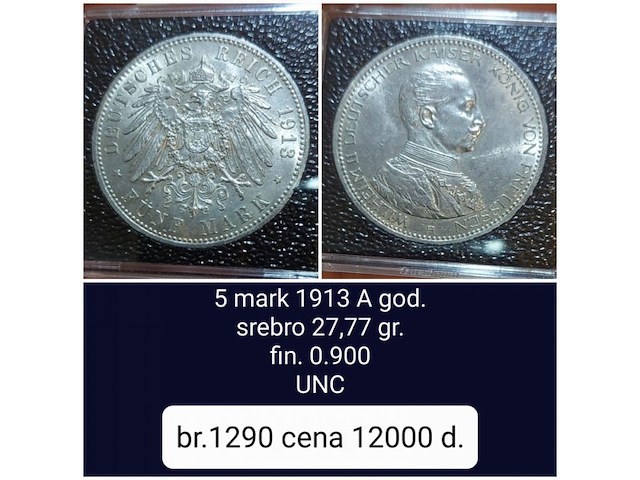 5 Mark 1913 A godine srebro UNC