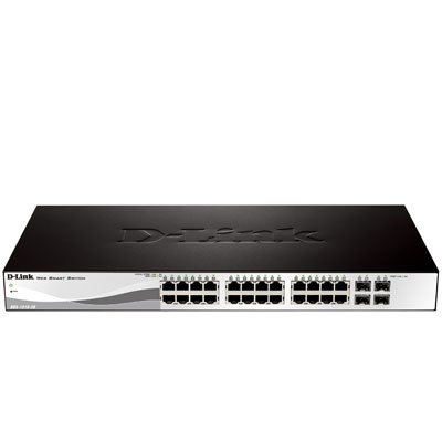 D-Link 28-port Smart Gigabit 10/100/1000Mbps Switch, 24x Gigabit RJ45 + 4 Gigabit SFP ports, VLAN, QoS, ACL, Security, Port mirroring, STP, Link Aggregation, IGMP, Web management, Rackmount kit | ...