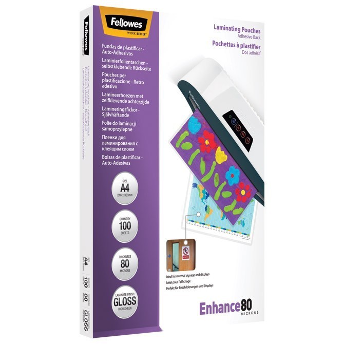 Folija za plastificiranje 80my A4 sjajna samolepljiva pk100 Fellowes 5302202