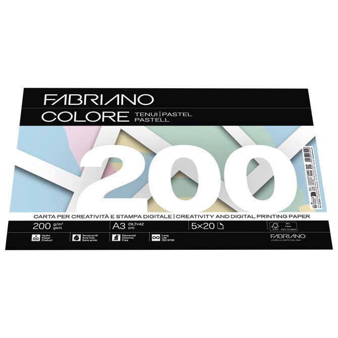 Papir Colore A3 200g pk100 Fabriano 19100820 pastelna mešavina 5boja