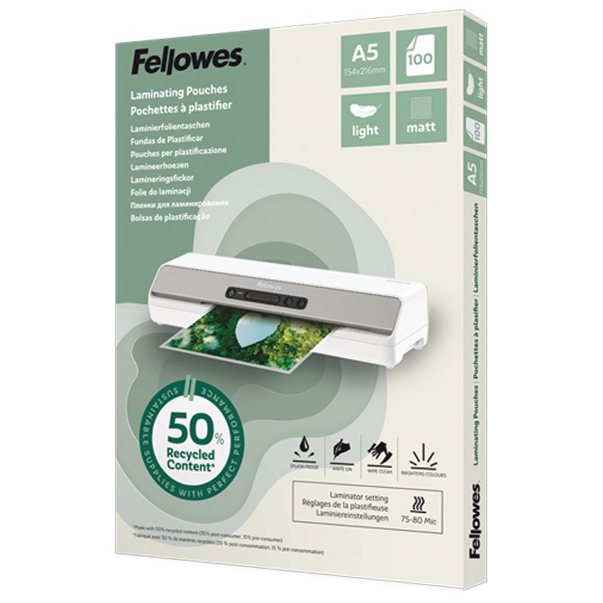 Folija za plastificiranje 80my A5 mat 50% reciklirani materijal pk100 Fellowes 100143437