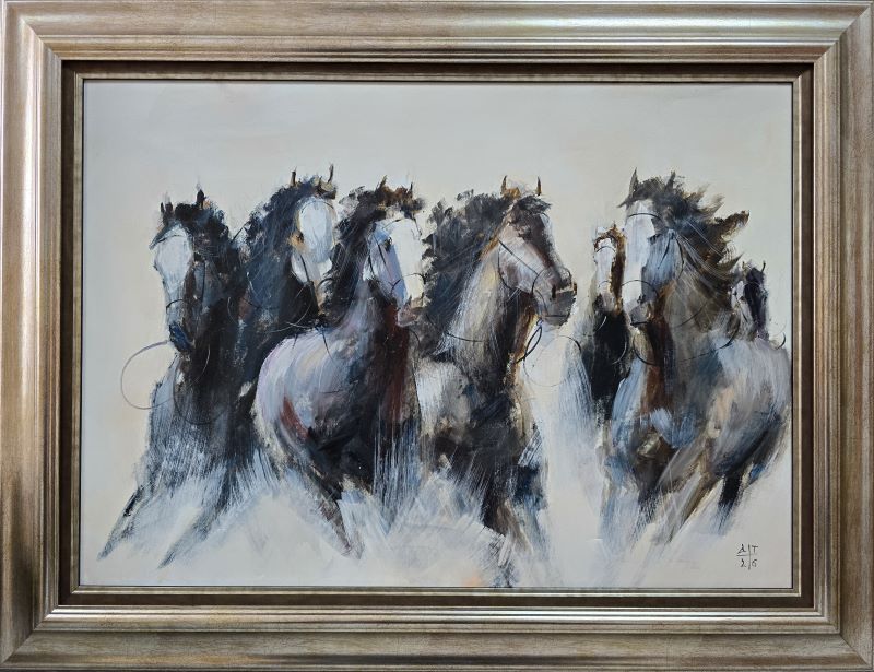 Konji koji jure 1, Dragan Tasić, akril na lesonitu, sa 67×87 cm, bez 50×70 cm, sertifikat, 30680 dinara