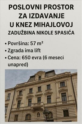 Poslovni prostor za izdavanje Knez Mihailova