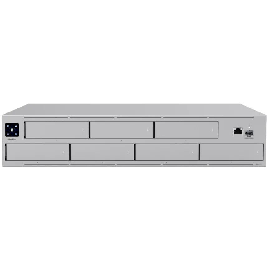 Ubiquiti UNAS-Pro-EU 2U rack-mount NAS with (7) 2.5/3.5" drive bays and 10 Gbps performance designed for large-scale file storage and sharing, (7) 2.5/3.5" HDD / SSD support, 10G SFP+ uplink and (...