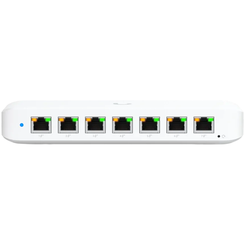 Ubiquiti USW-Ultra-210W-EU compact, Layer 2, 8-port GbE PoE switch with versatile mounting options, 7x GbE PoE+ output ports, GbE port with optional PoE++ input, 202W PoE availability with the inc...