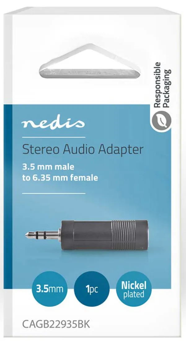 NEDIS CAGB22935BK, Stereo audio adapter, 3,5 mm muški, 6,35 mm ženski, Niklovani, ABS, Crni