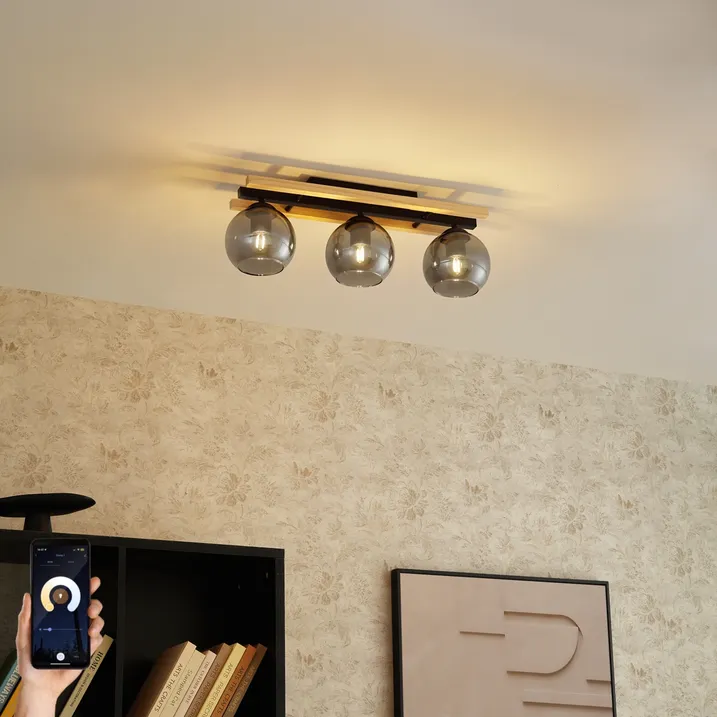 Smart Ceiling Lamp Black with Wood and Smoke Glass 3-Lights incl. WiFi A60 - Aleks