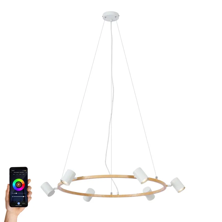 Smart Pendant Light Wood with White Round 6-Lights Incl. WiFi GU10 - Jeana Circle