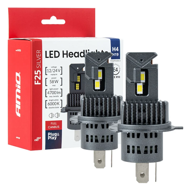 Sijalice LED H4 H19 Silver Full Canbus 12/24V 58W (2 kom) – Amio 04703