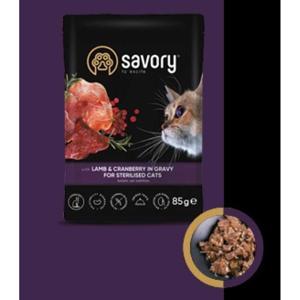 Savory cat kesica za mačke Adult Sterilised - Jagnjetina i brusnica 22x85g