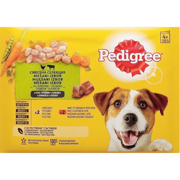Pedigree Adult Multipack Mešani izbor 4×100g – piletina, govedina i džigerice sa povrćem u sosu