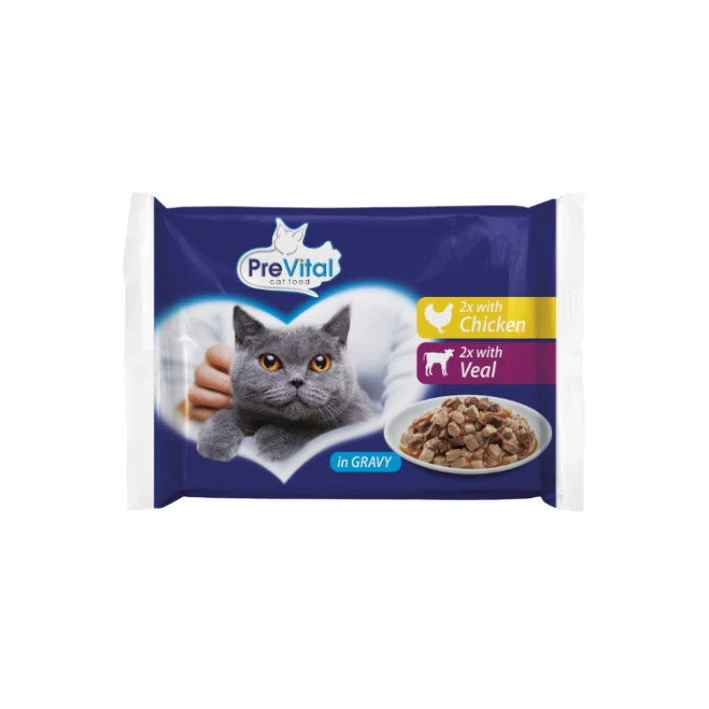 PreVital vlažna hrana za mace 1+ godina 4x100g – multipack (piletina i teletina) u sosu