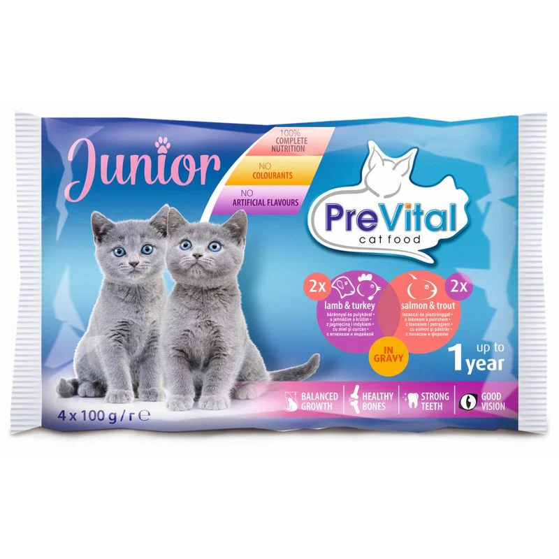 PreVital Junior vlažna hrana za mačiće do 1 godine 4x100g – multipack (jagnjetina i ćuretina, losos i pastrmka) u sosu