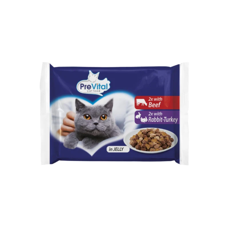 PreVital vlažna hrana za mace 1+ godina 4x100g – multipack (govedina, zec i ćuretina) u želeu