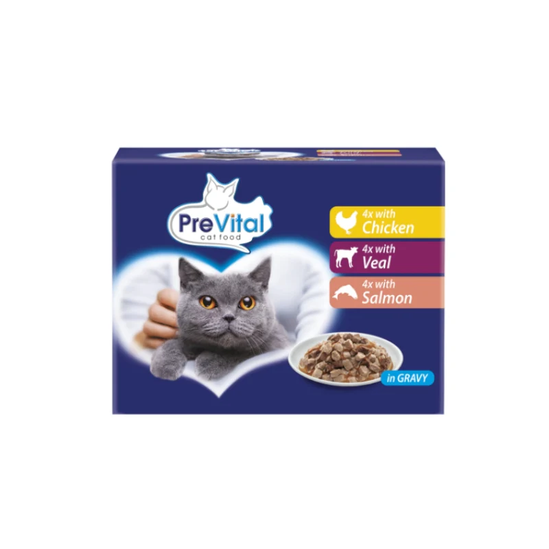 PreVital vlažna hrana za mace 1+ godina 12x100g – multipack (piletina, teletina i losos) u sosu
