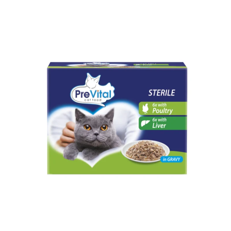 PreVital Sterile vlažna hrana za sterilisane mace 12x100g – živina i jetra u sosu