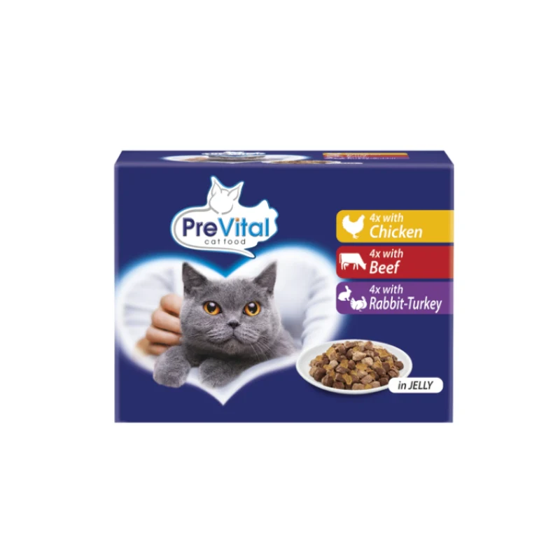 PreVital vlažna hrana za mace 1+ godina 12x100g – multipack (piletina, govedina, zec i ćuretina) u želeu