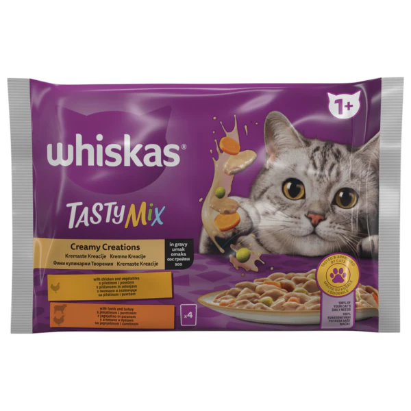WHISKAS TastyMix Multipack – kremasti izbor u sosu (piletina i povrće, jagnjetina i ćuretina, 4×85g)