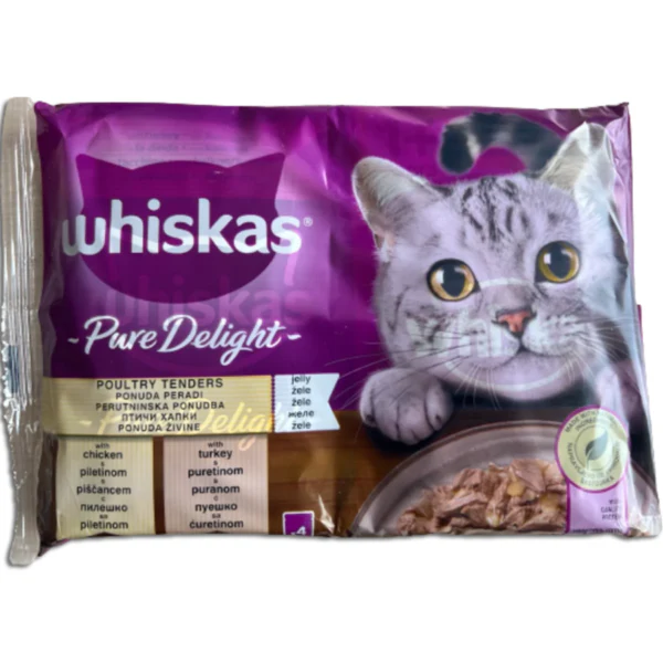 WHISKAS Pure Delight Multipack – komadići mesa u želeu (piletina i ćuretina, 4×85g)