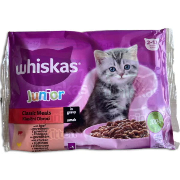WHISKAS Junior Multipack – klasičan izbor u sosu (govedina i piletina, 4×85g)