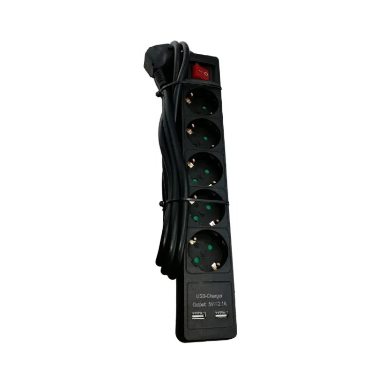 Kabl naponski produžni 5 x šuko + 2xUSB 2m sa prekidacem i zaštitom (crni)