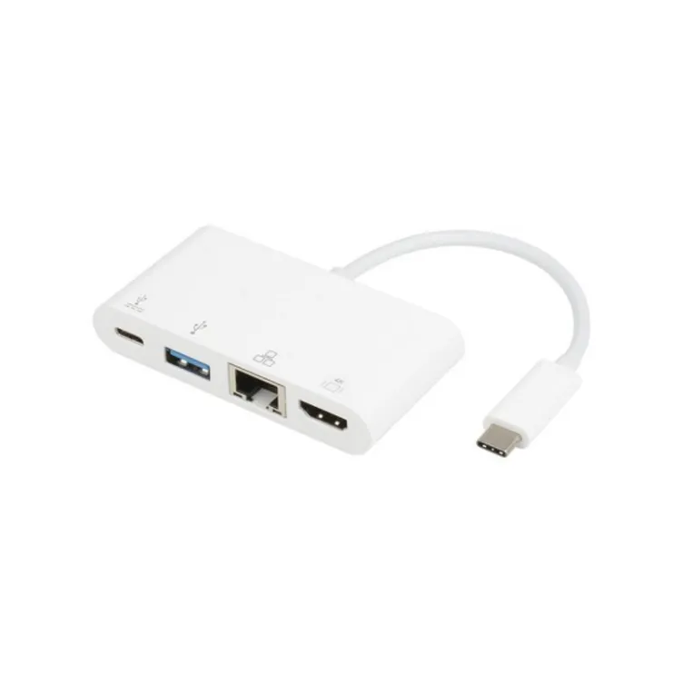 Adapter USB 3.1 tip C (M) - HDMI + USB3.0 + RJ45 + tip C (F) beli
