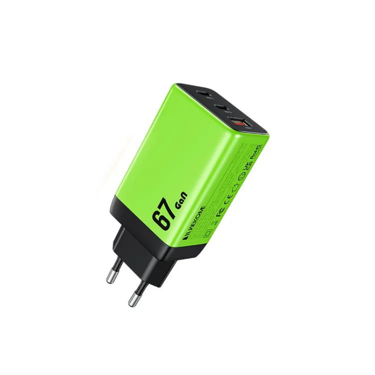 WP-U157 Super brzi Strujni GaN punjač, 3-porta USB (3.0 i 2 x 3.1 Tip C) 67W, zeleni