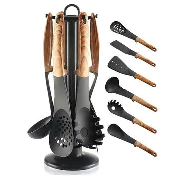 7-PIECE HEAT-RESISTANT COOKING SET WITH STORAGE RACK - BLACK