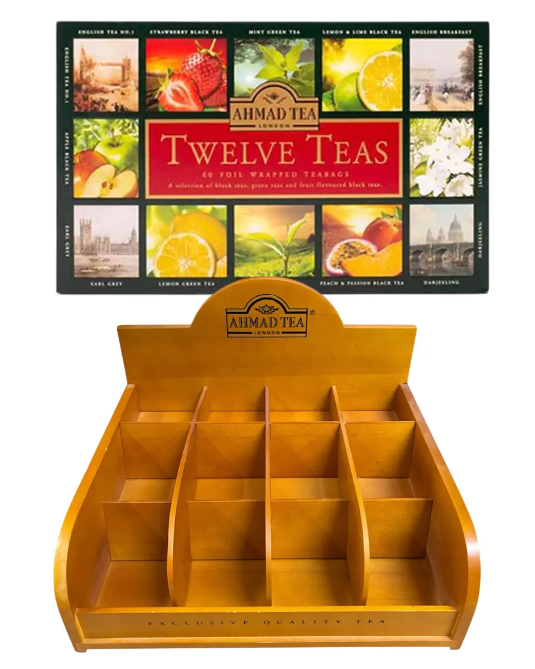 Ahmad tea Čaj Twelve Teas Box, 5x12 kesica i Ahmad tea drveni stalak za kesice bez poklopca