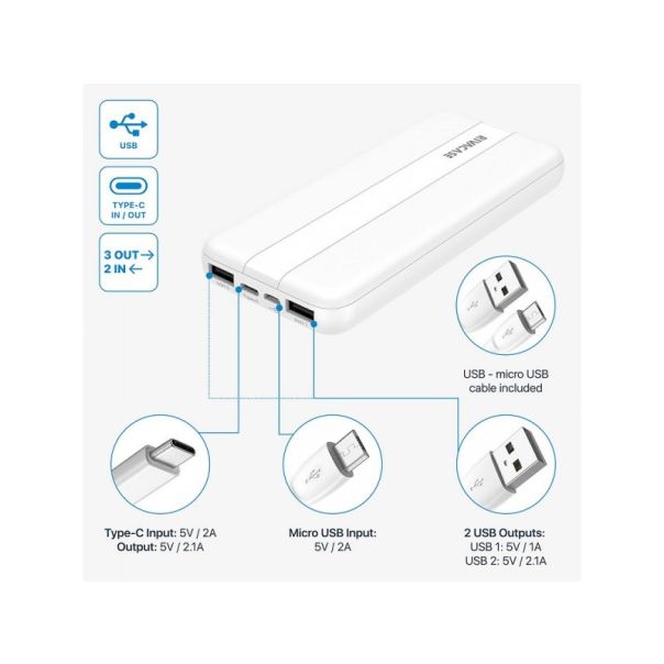 RIVACASE Power Bank VA 2041, 10000mAh, bela