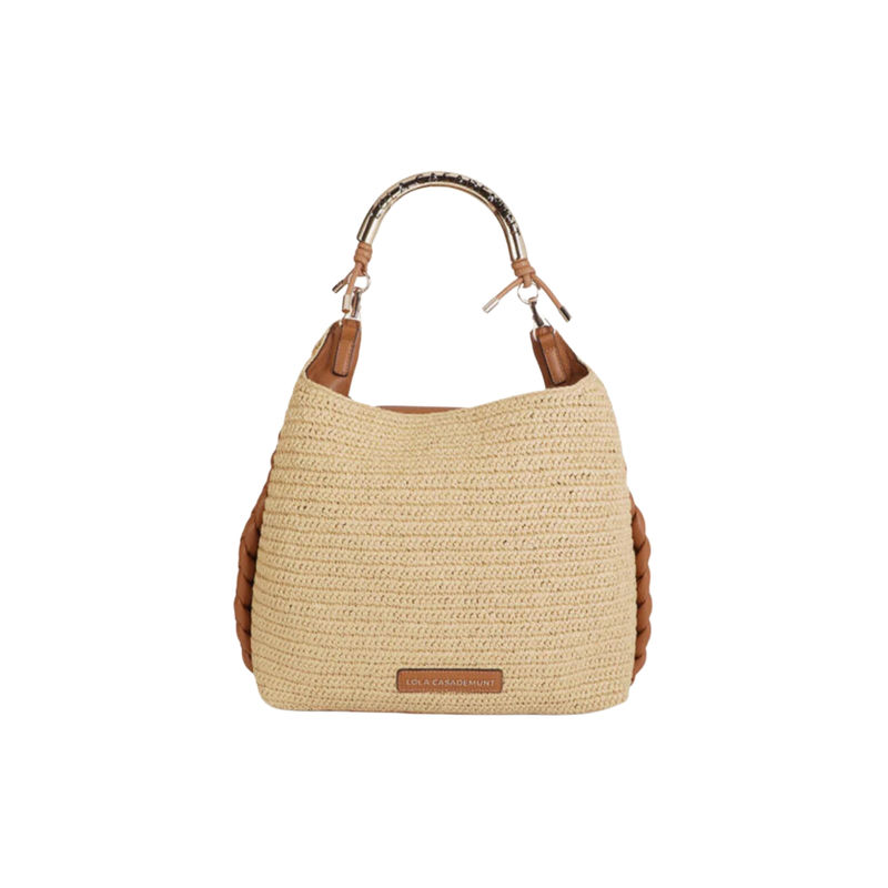 Ženska torba Lola Raffia-effect contrast tote bag with cutwork logo strap