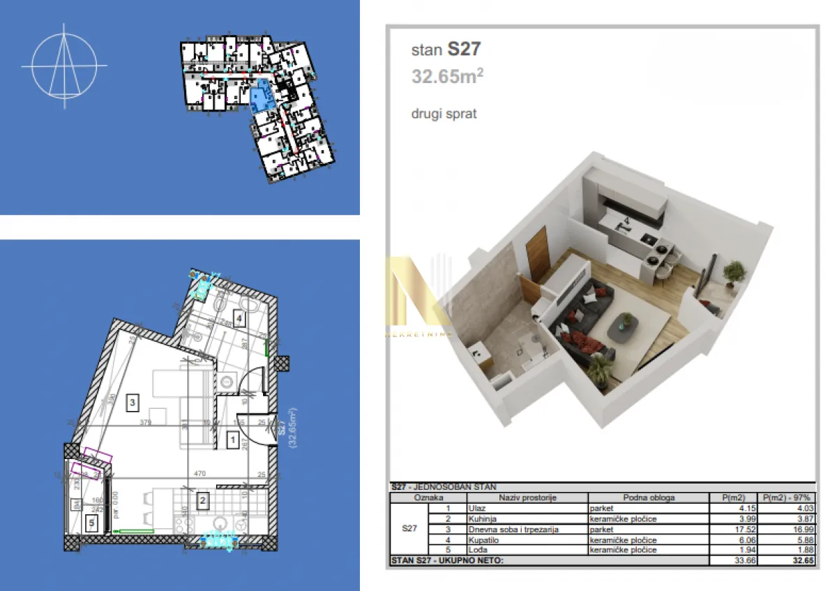 Prodaja, garsonjera, 33m², Salajka, Novi Sad Sve Podlokacije